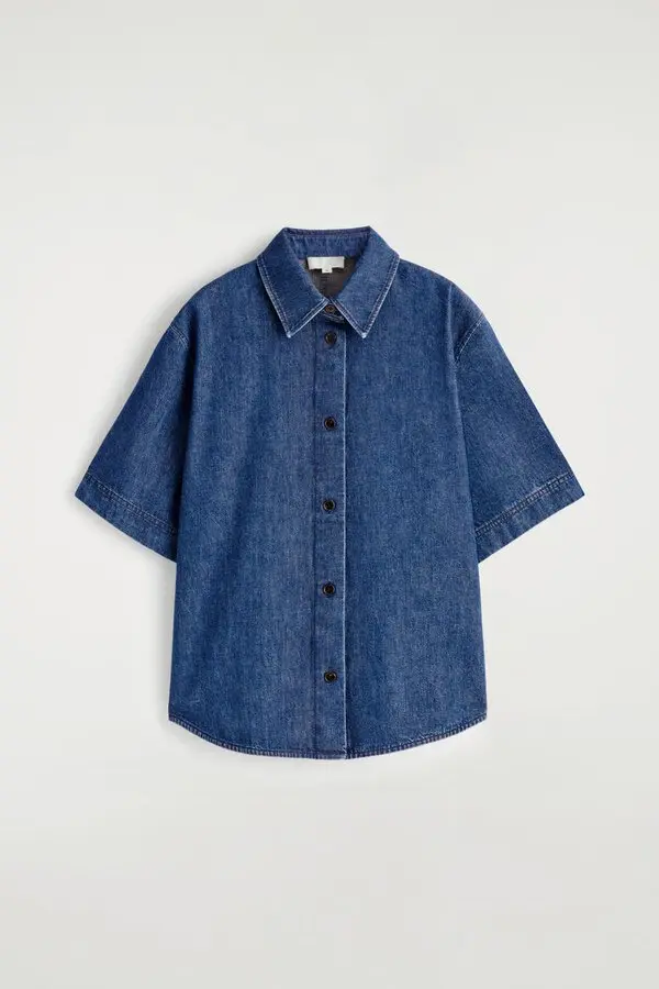 Cos Boxy Short-sleeve Denim Shirt - Dark Blue