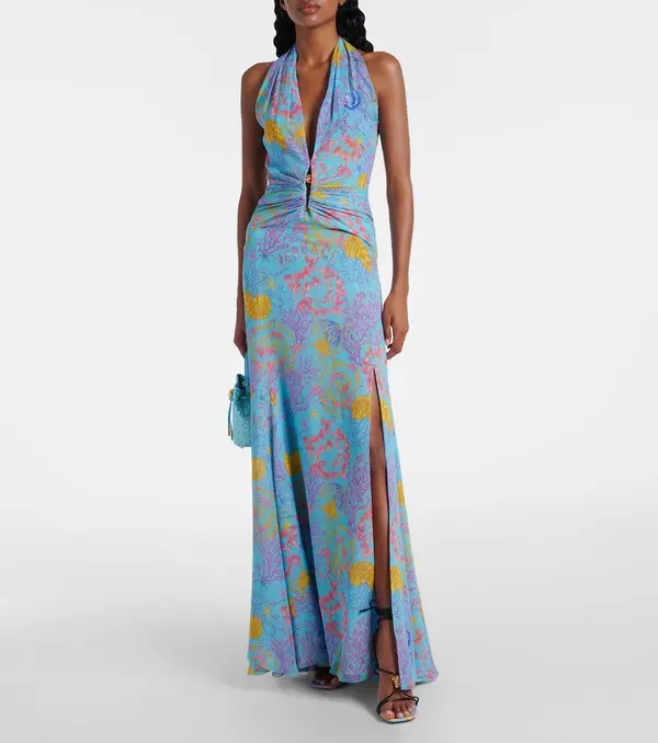 Versace Printed Halterneck Gown - Blue