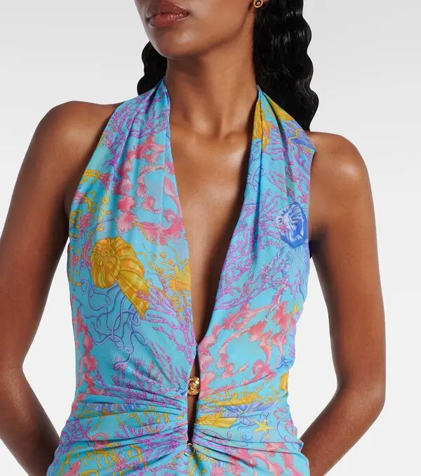 Versace Printed Halterneck Gown - Blue
