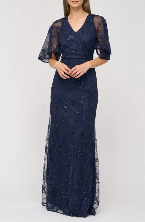 Js Collections Embellished Flutter Sleeve Gown