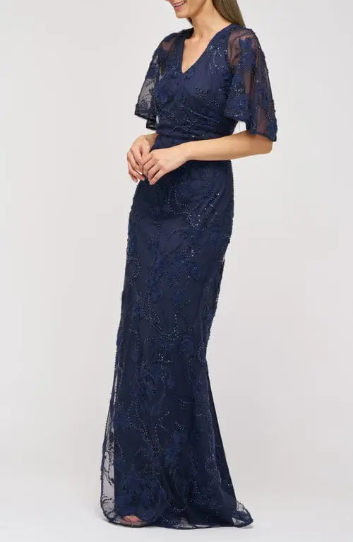 Js Collections Embellished Flutter Sleeve Gown
