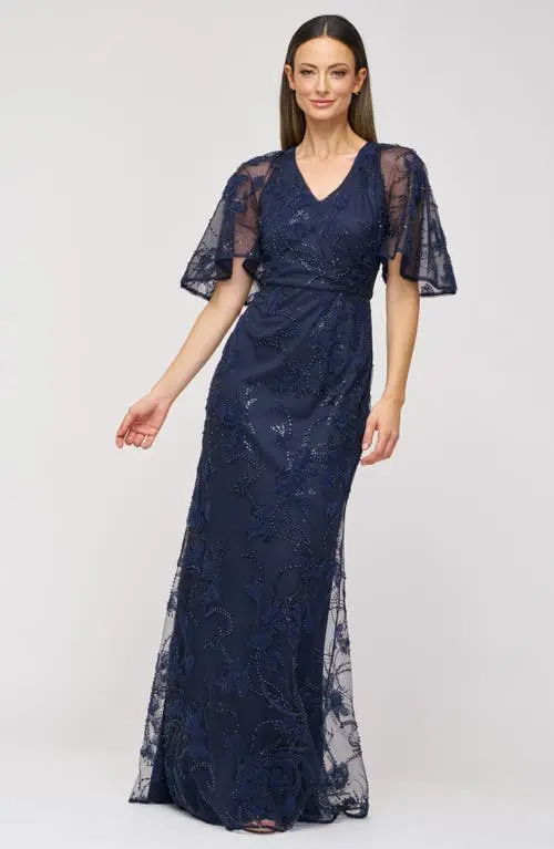 Js Collections Embellished Flutter Sleeve Gown