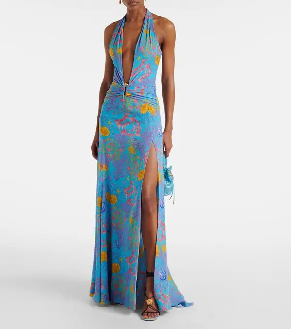 Versace Printed Halterneck Gown - Blue