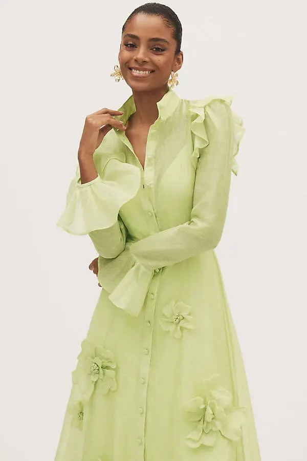 Leo Lin Katra Petal Butterfly-Sleeve Linen Blend Midi Dress In Chartreuse -  30% Off | Editorialist