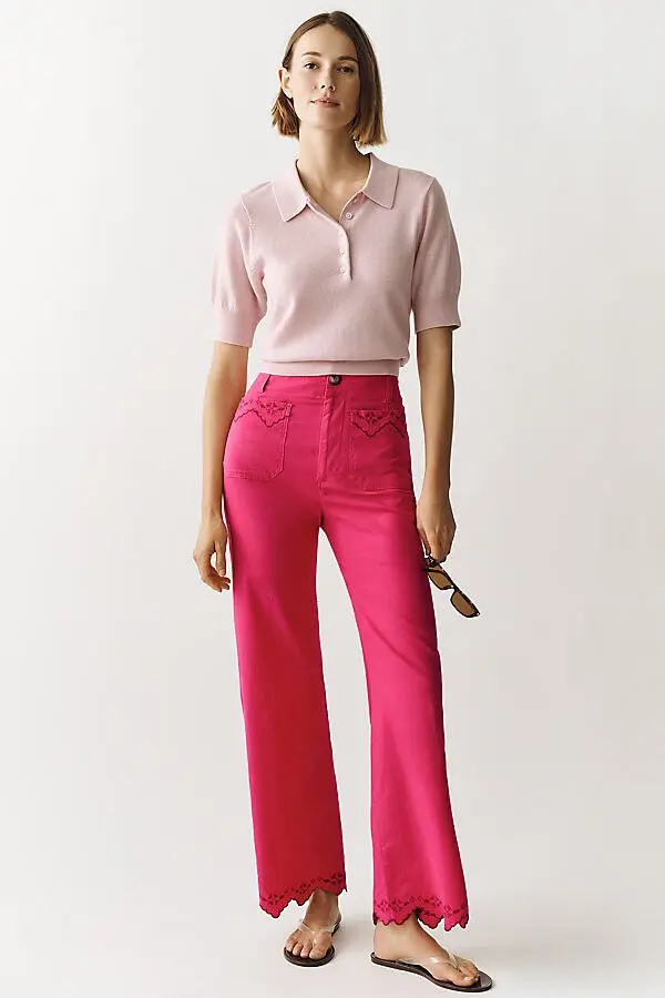 Maeve Colette Lace Trim Full-length Wide-leg Pants - Raspberry
