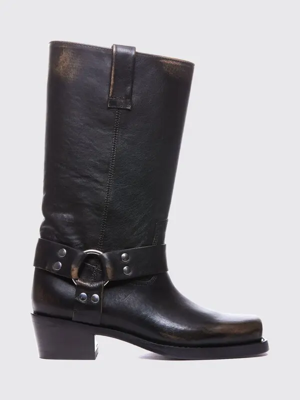 Paris Texas Aged Leather Biker Boots With Studs - Black