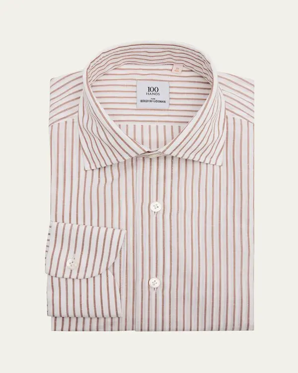 100HANDS Linen Pinstripe Spread-collar Sport Shirt - Brown