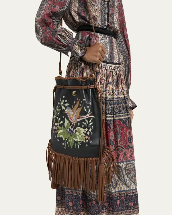 Valentino Garavani Nellcote Alice Large Fringe Studded Leather Bucket Bag