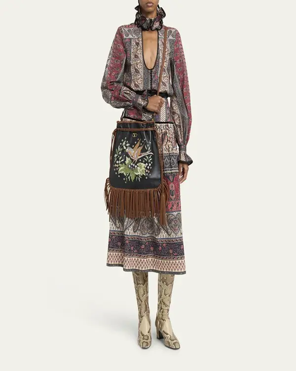 Valentino Garavani Nellcote Alice Large Fringe Studded Leather Bucket Bag