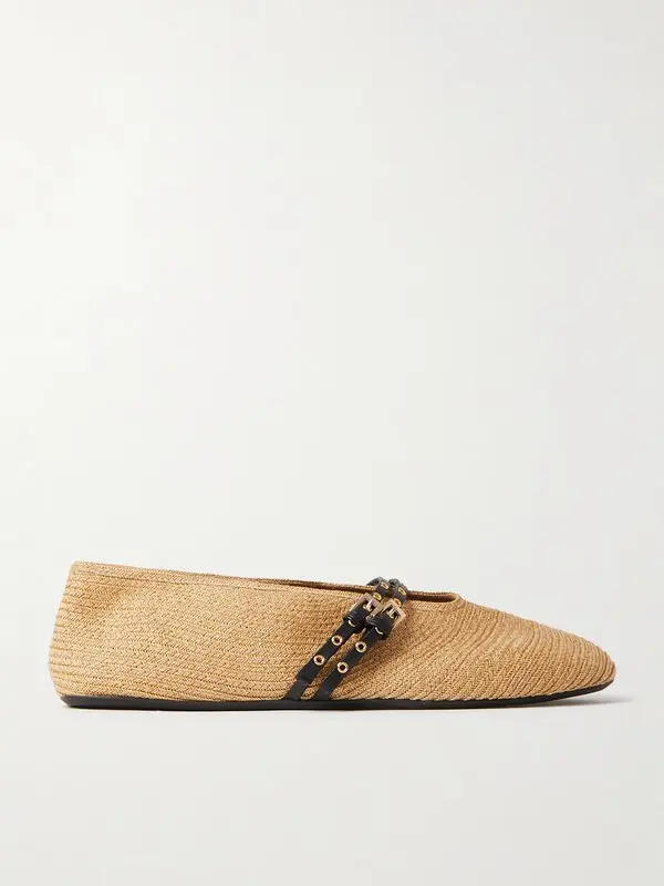 Alaïa Leather-trimmed Raffia Ballet Flats