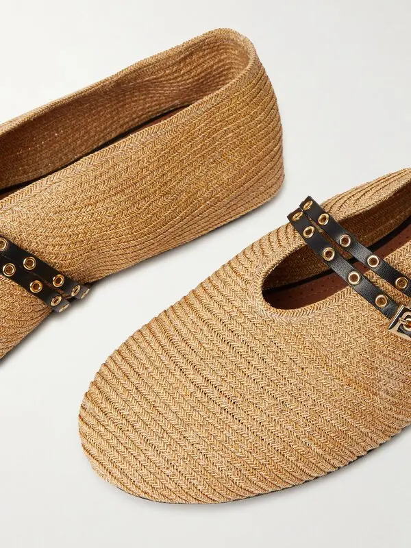 Alaïa Leather-trimmed Raffia Ballet Flats