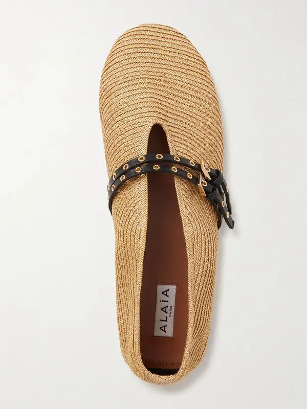 Alaïa Leather-trimmed Raffia Ballet Flats