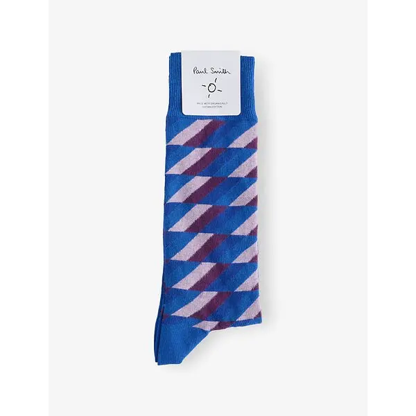 Paul Smith Zig-zag Patterned Stretch Cotton-blend Crew Socks - Blue