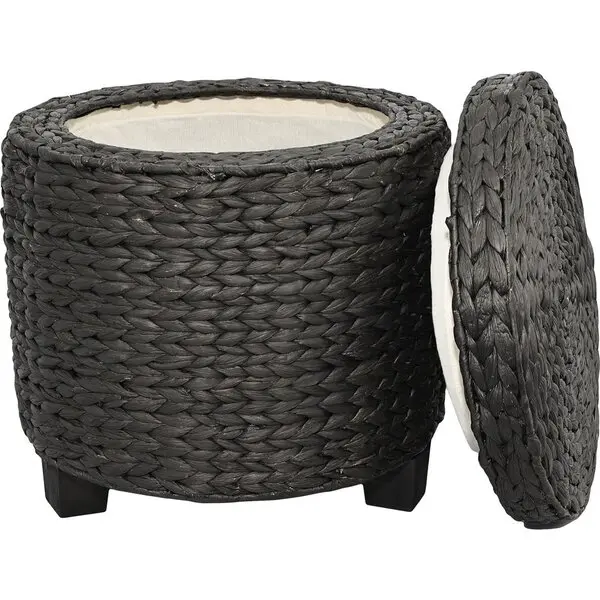 HAPPIMESS Addie 17.72" Modern Coastal Handwoven Water Hyacinth Storage Ottoman With Lid - Black