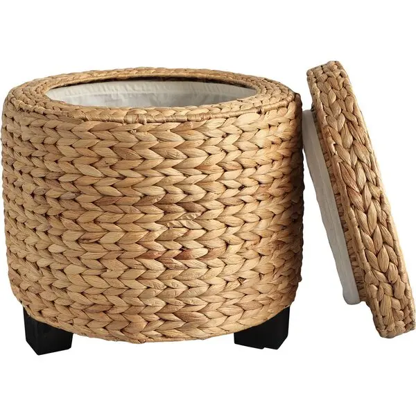 HAPPIMESS Addie 17.72" Modern Coastal Handwoven Water Hyacinth Storage Ottoman With Lid - Natural
