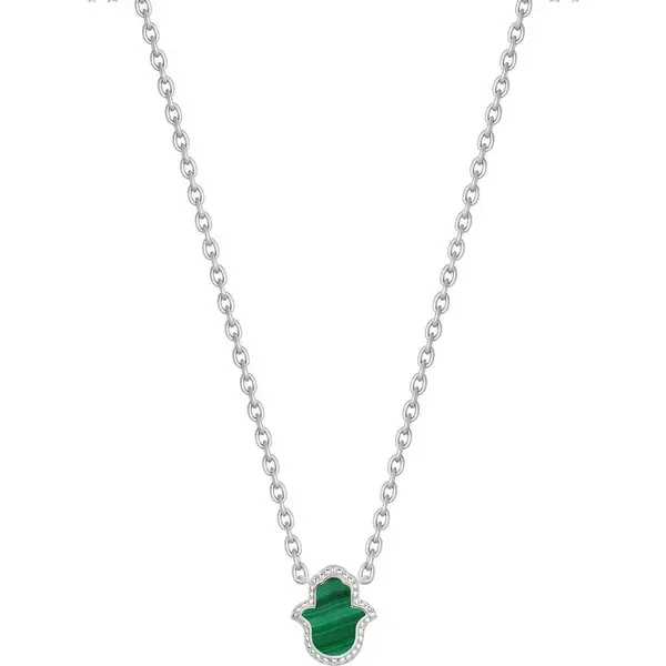 KARMA AND LUCK Malachite Hamsa Pendant Necklace - Silver/green