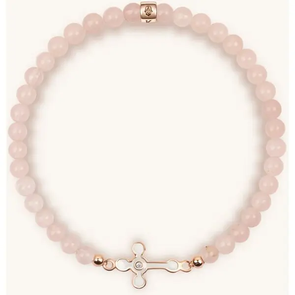 KARMA AND LUCK Rose Quartz Diamond Cross Charm Bracelet - Pale Pink/white