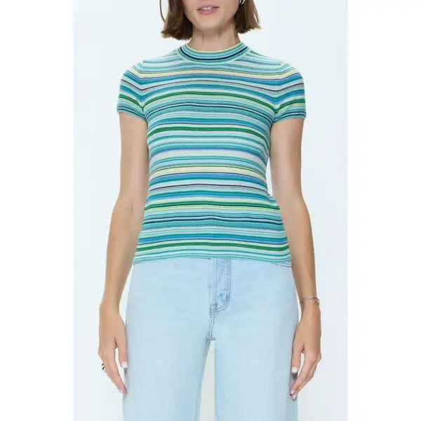 PISTOLA Selene Stripe Cotton Short Sleeve Sweater - Blue Green Multi