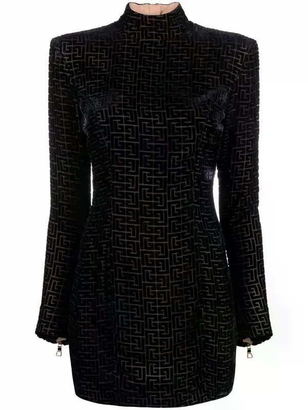 Balmain Monogram Pattern Velvet Minidress