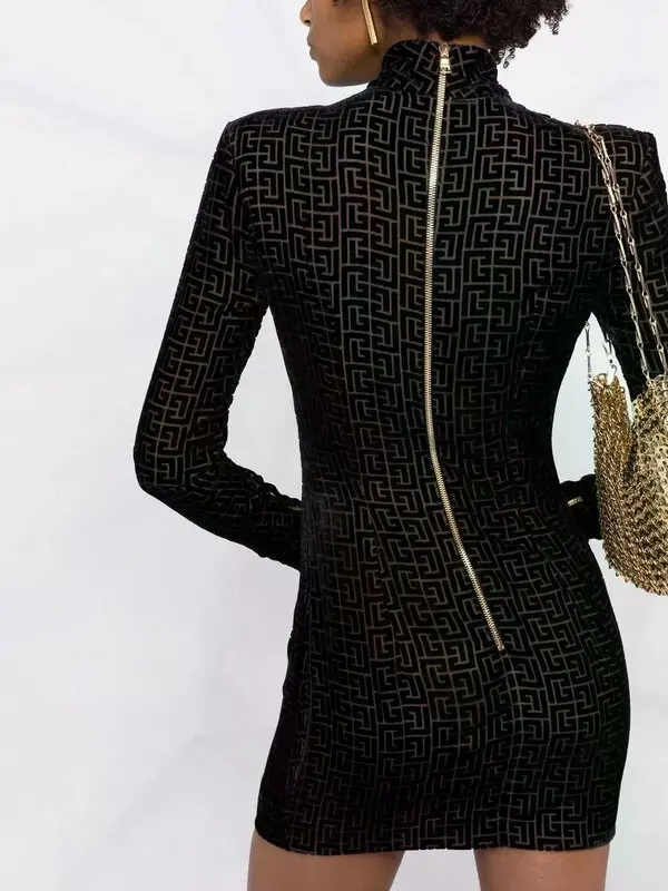 Balmain Monogram Pattern Velvet Minidress
