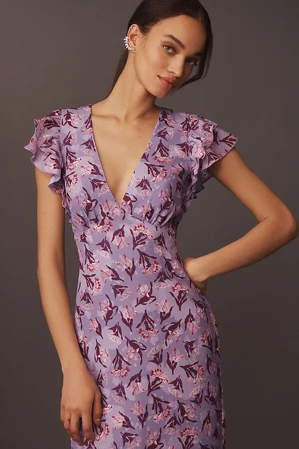 navy blue dress for baby girl BHLDN Flutter-Sleeve V-Neck Floral Chiffon A-Line Maxi Dress