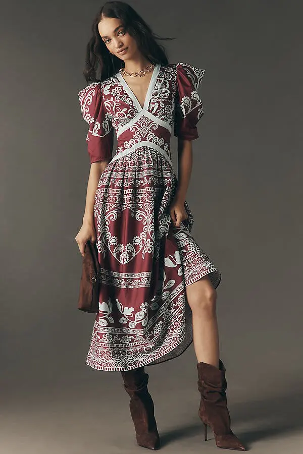 Farm Rio Printed V-neck Puff-sleeve Maxi Dress - Plum