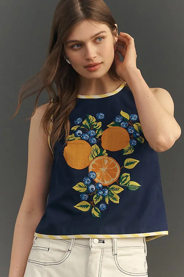 Maeve Fruit Embroidered Halter Top - Navy