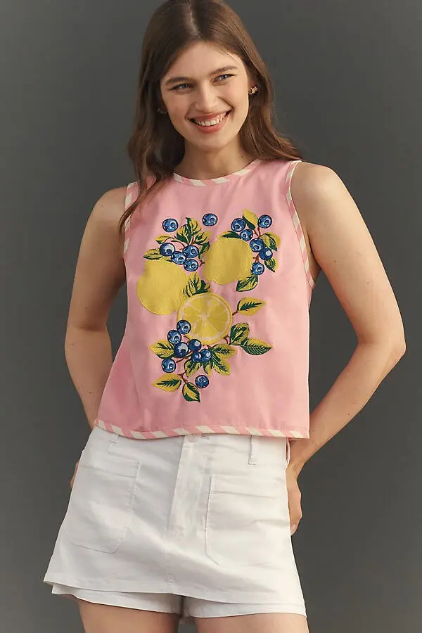 Maeve Fruit Embroidered Halter Top - Pink