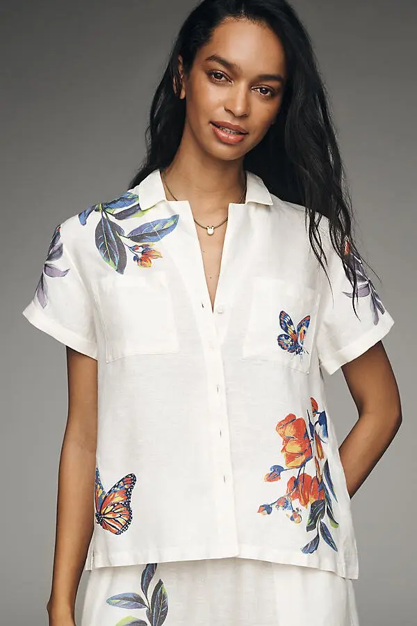 Anthropologie Brenna Linen Blend Short-sleeve Buttondown Shirt - Ivory Pattern