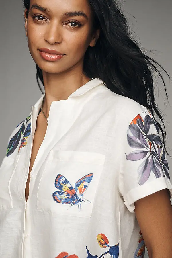 Anthropologie Brenna Linen Blend Short-sleeve Buttondown Shirt - Ivory Pattern