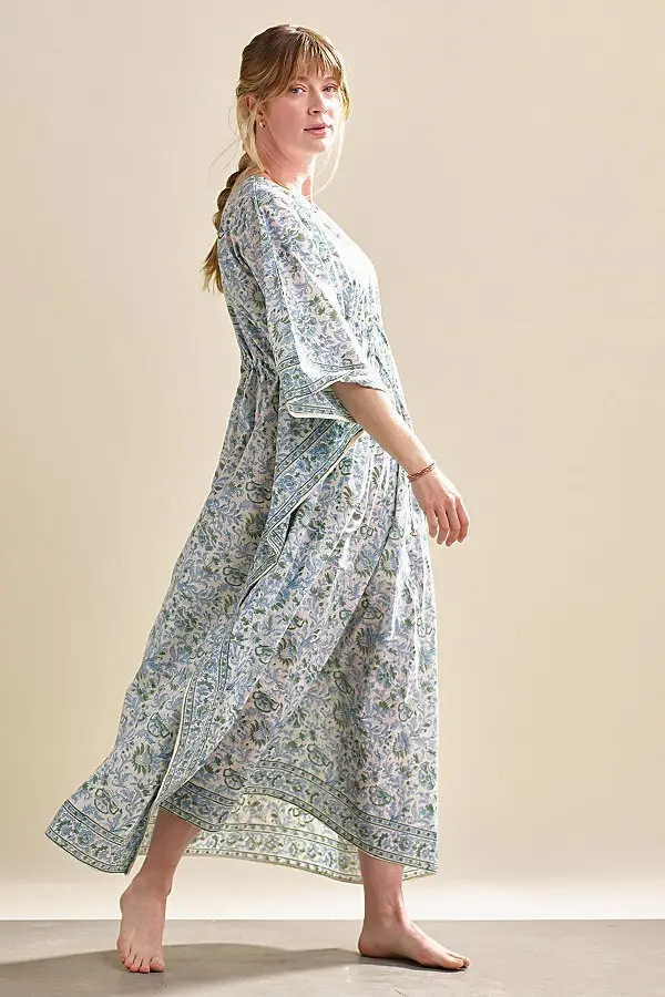 ANCHAL Block Print Floral Kaftan - Blue