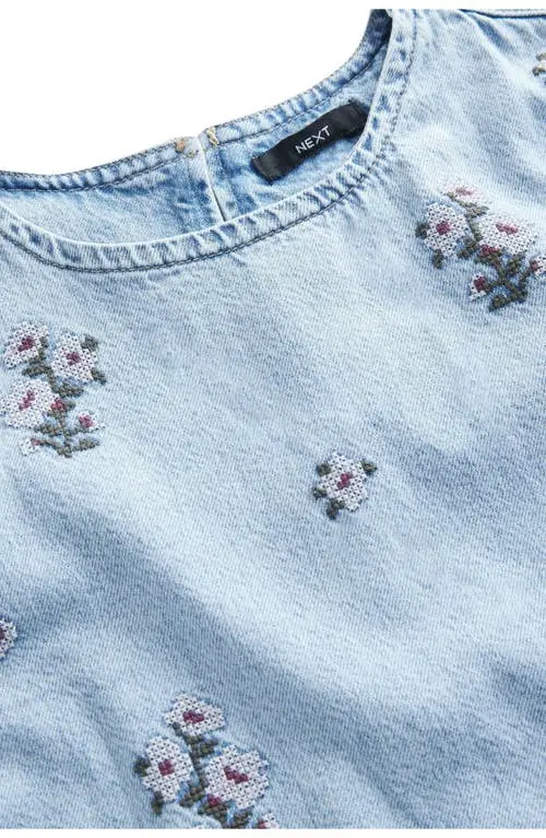 NEXT Floral Cross-stitch Denim Shift Dress