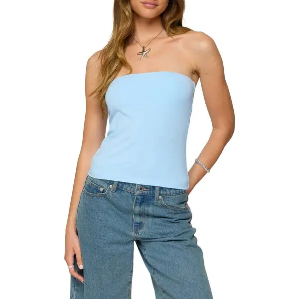 EDIKTED Shelf Bra Stretch Cotton Tube Top - Light-blue