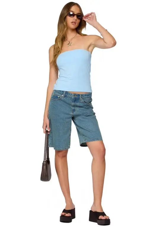 EDIKTED Shelf Bra Stretch Cotton Tube Top - Light-blue