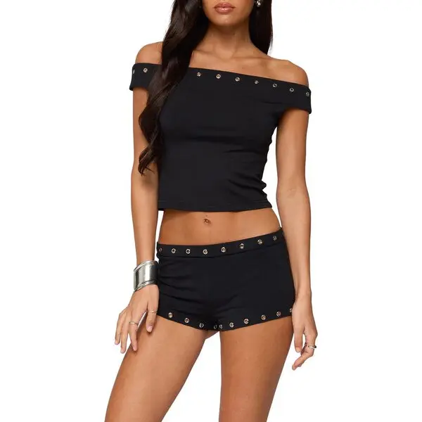 EDIKTED Neriah Grommet Trim Crop Top - Black