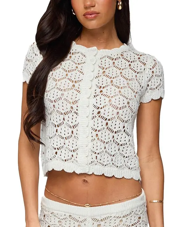 EDIKTED Elisa Open Knit Button Up Top - Cream