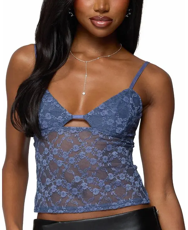 EDIKTED Sheer Lace Cut Out Tank Top - Blue