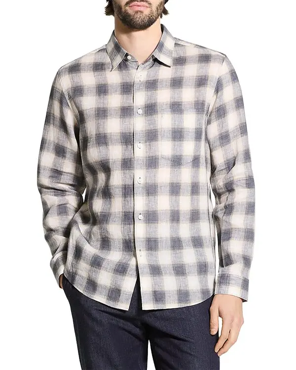 Theory Irving Long Sleeve Linen Shirt In Ombre Check