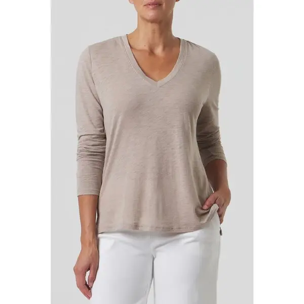 FRANNE GOLDE Slub Jersey Long Sleeve V-neck Tee - Sand