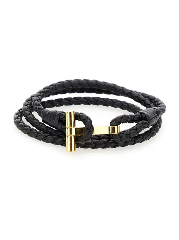 TOM FORD Braided Leather Bracelet With T Detail - Black