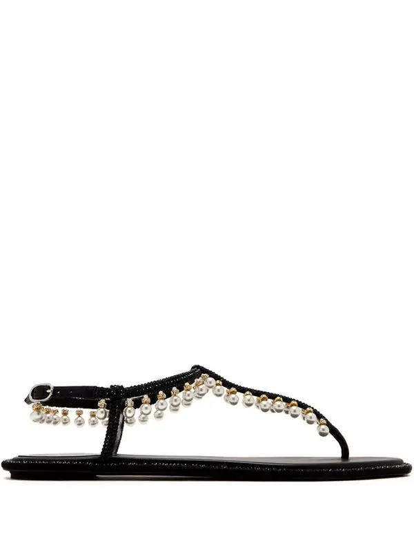 Rene Caovilla Diana Pearls Flat Sandals - Black