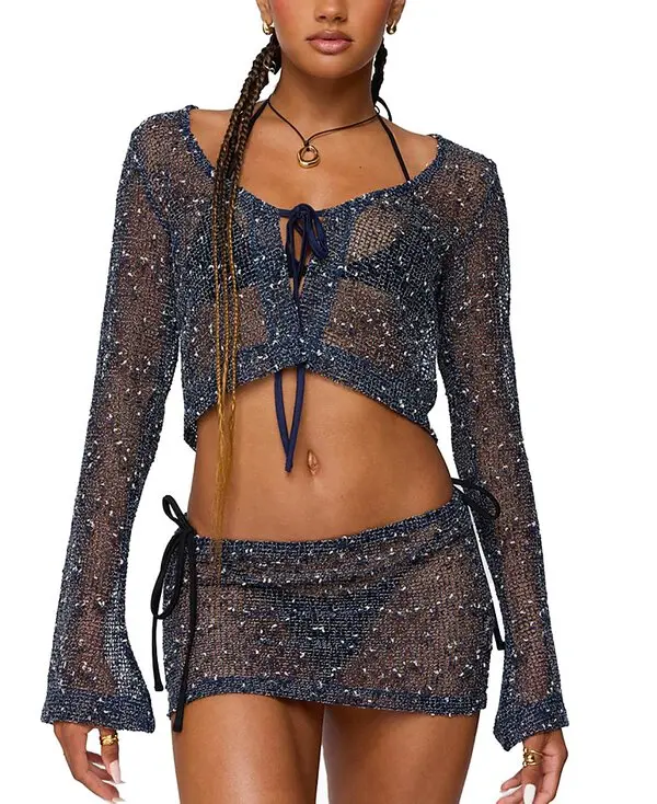 EDIKTED Idra Crochet Net Tie Front Top - Navy