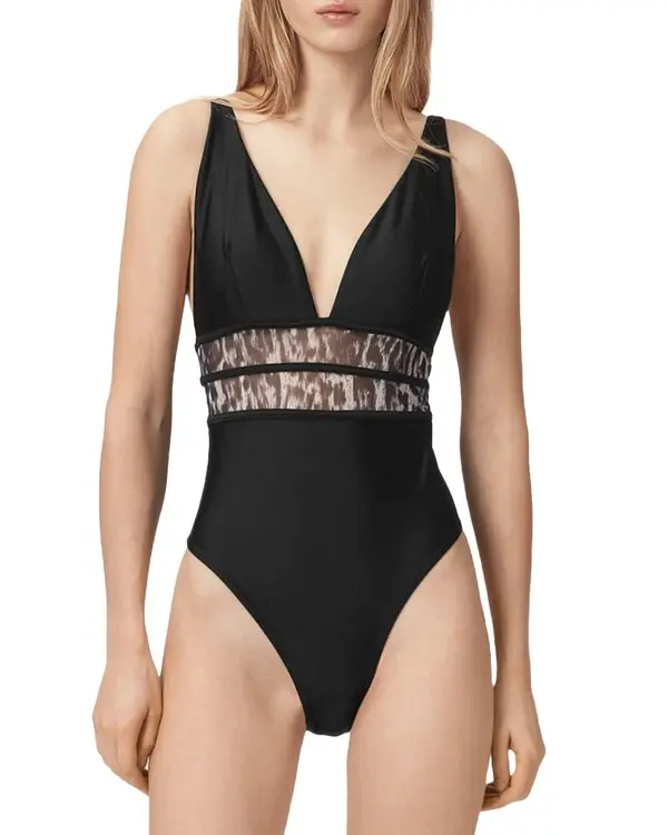 ALLSAINTS Xalia Printed Mesh Swimsuit - Black/grey