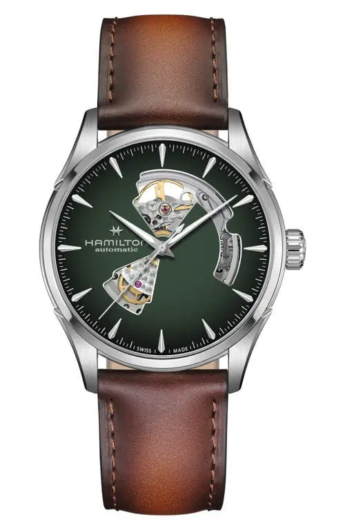 Hamilton Jazzmaster Open Heart Automatic Leather Strap Watch - Green
