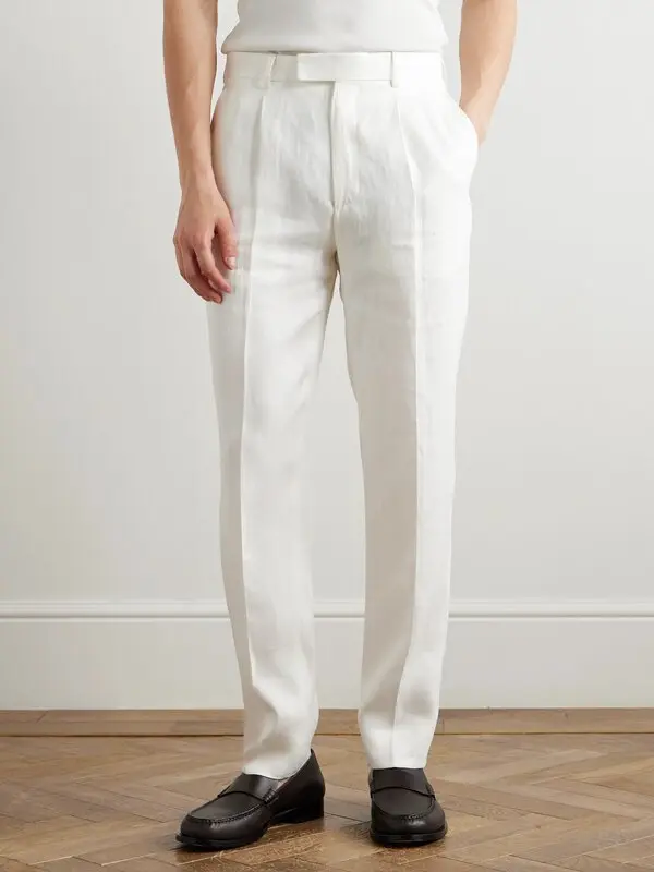 Zegna Straight-leg Pleated Linen-twill Trousers - White