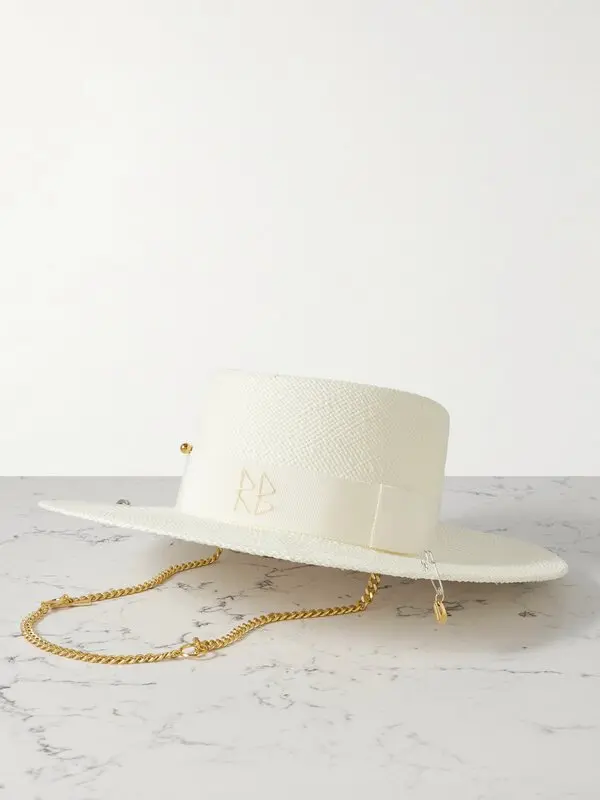 Ruslan Baginskiy Gambler Grosgrain-trimmed Embellished Straw Hat - Off-white