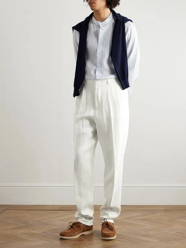 Brunello Cucinelli Straight-leg Pleated Cotton And Linen-blend Trousers