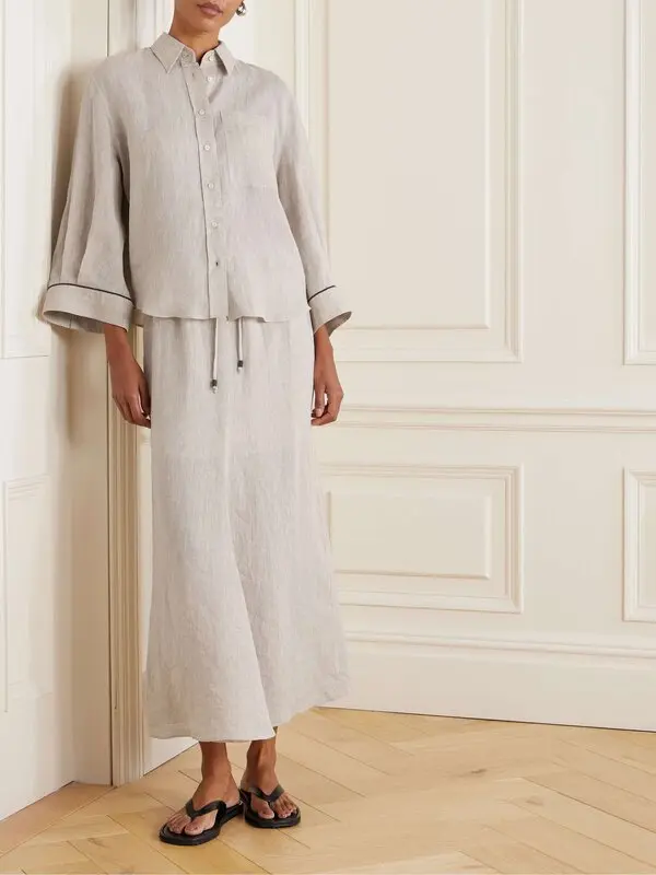 Brunello Cucinelli Bead-embellished Linen Midi Skirt