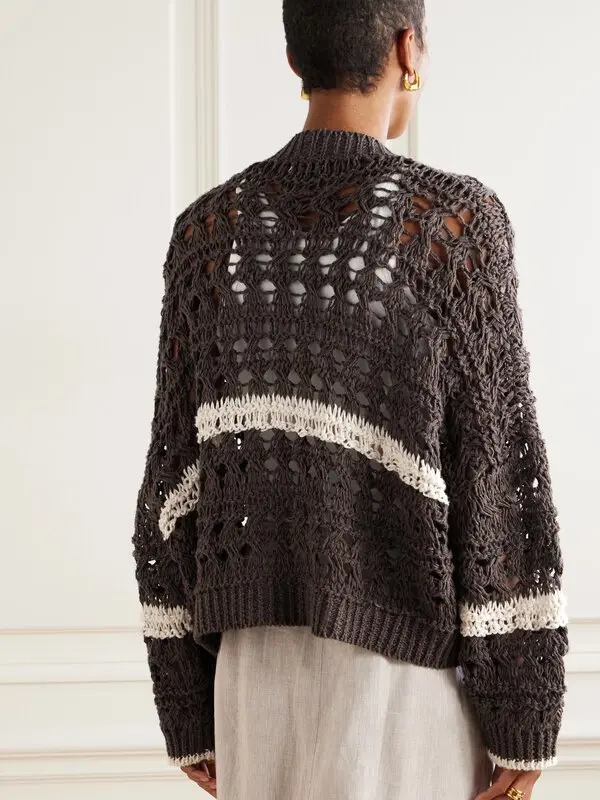 Brunello Cucinelli Striped Crocheted Jute-blend Cardigan