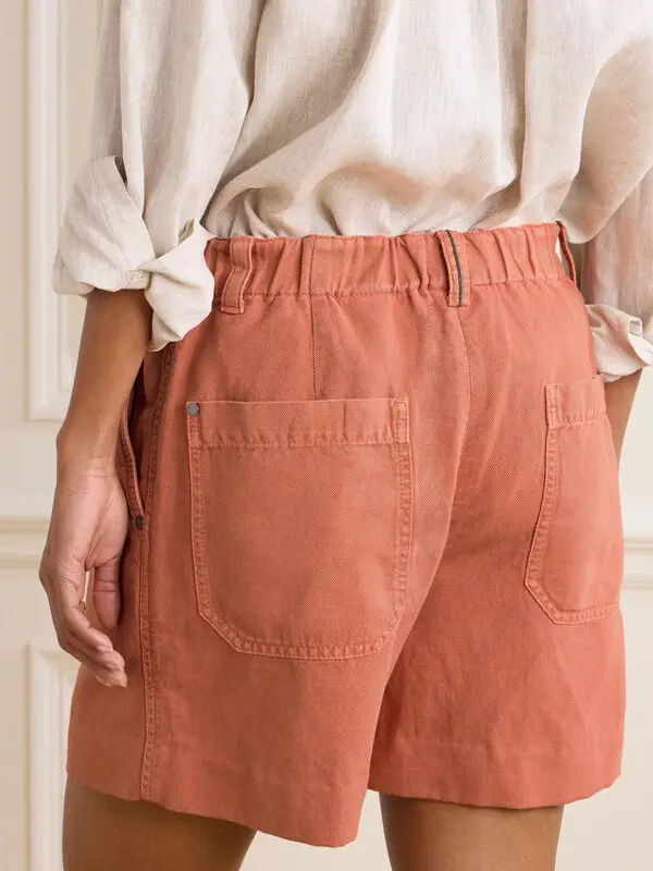 Brunello Cucinelli Bead-embellished Pleated Cotton And Linen-blend Twill Shorts - Orange